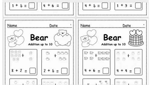 Bear-Themed Addition Worksheets – Numbers up to 10 – 25 Pages with ...