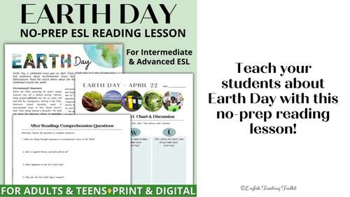 Adult ESL Earth Day Reading Comprehension Passage & Activities - No ...