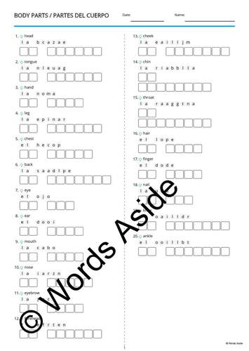 Spanish English Vocabulary Worksheets Flash Cards Puzzles Games BODY PARTS