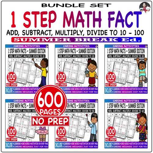 Add, Subtract, Multiply, Divide to 10 -100 1 Step Worksheets - Summer ...