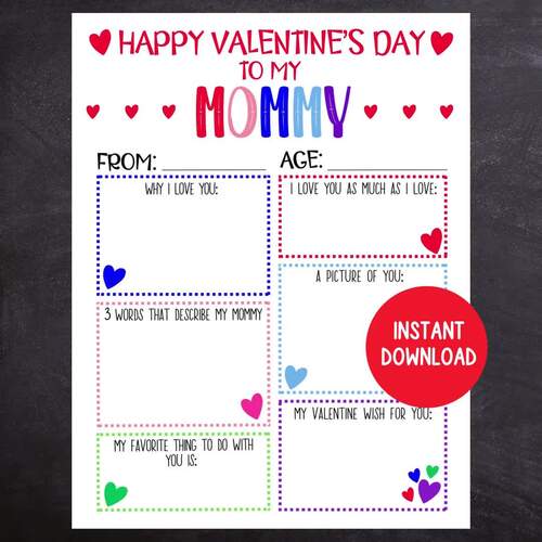 Kid's Valentine's Card for Mommy, Printable Mommy Valentine's Card ...