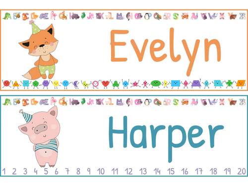 Student Desk Plates, 30 Printable/Editable Cute Cartoon Animals Name Tags
