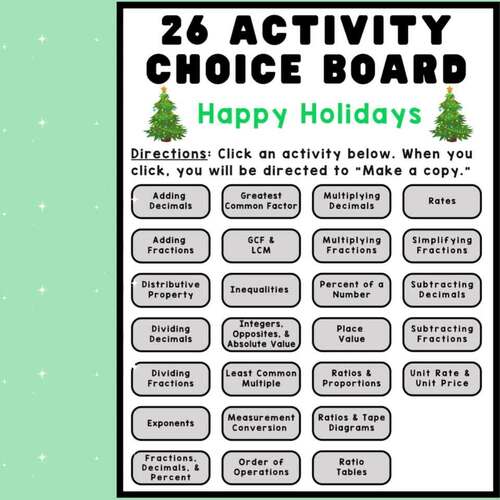 5th 6th Grade Math Christmas Mystery Picture Winter CHOICE BOARD 27 ...