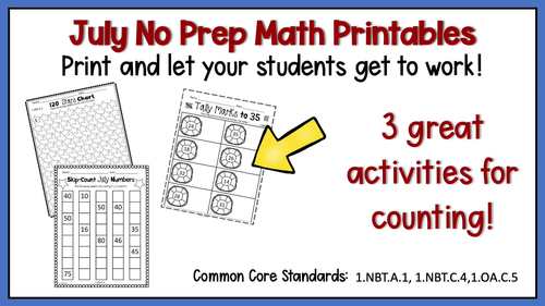 July First Grade No Prep Math Worksheet Packet + TpT EASEL Activity