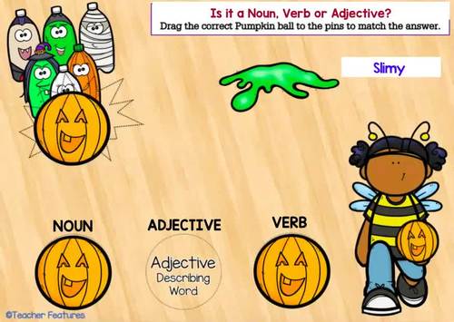 BOOM CARDS Halloween PARTS OF SPEECH Noun Verb Adjectives PUMPKIN BOWLING
