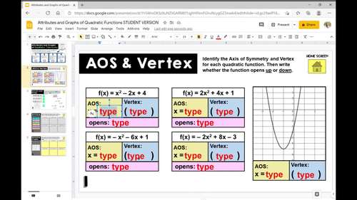 Attributes and Graphs of Quadratic Functions Google Slides Activity ...