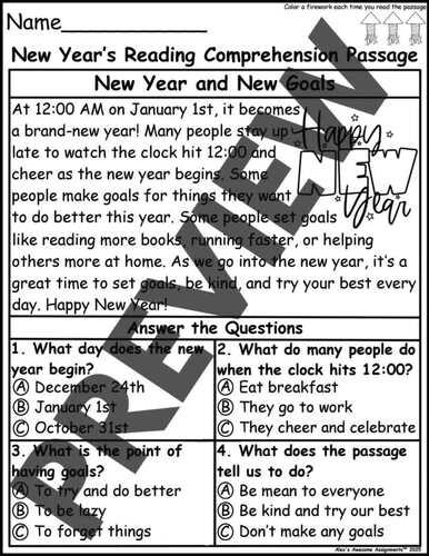 10 New Year's Reading Comprehension Passages | 1st Grade, 2nd Grade ...