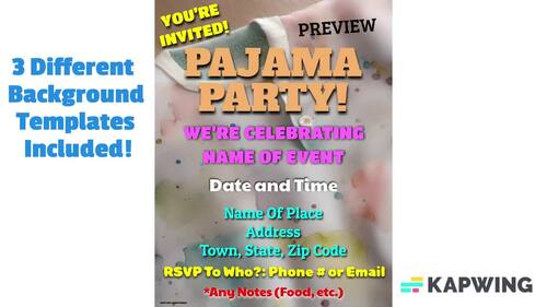Pajama Birthday Party Invitations THREE templates EDIT on GOOGLE SLIDES