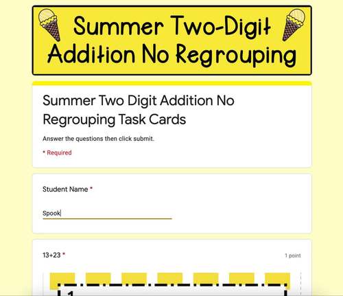 Summer Two Digit Addition No Regrouping Task Cards Print and Digital