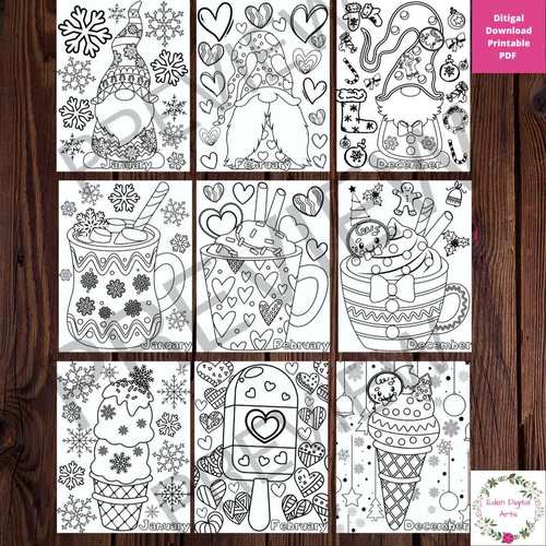 Winter Months Seasons 12 Coloring Pages Posters Gnomes Hot Cocoa Mugs ...