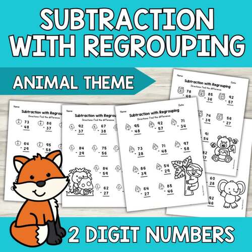 Double Digit Subtraction with Regrouping 2 Digit within 99 | Animal Theme