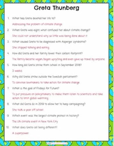 Greta Thunberg Biography Reading Comprehension Worksheets | TpT