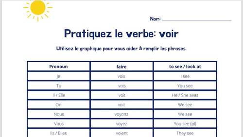 Pratiquez le verbe: voir (Camping-themed French verb worksheet) | TPT