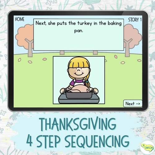 Thanksgiving 4 Step Sequencing Boom Cards™ with Short Stories and Audio