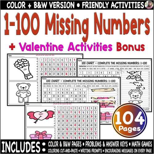 1-100 Missing Numbers on 100 Chart | Valentine Cut,Paste, Color Bonus ...