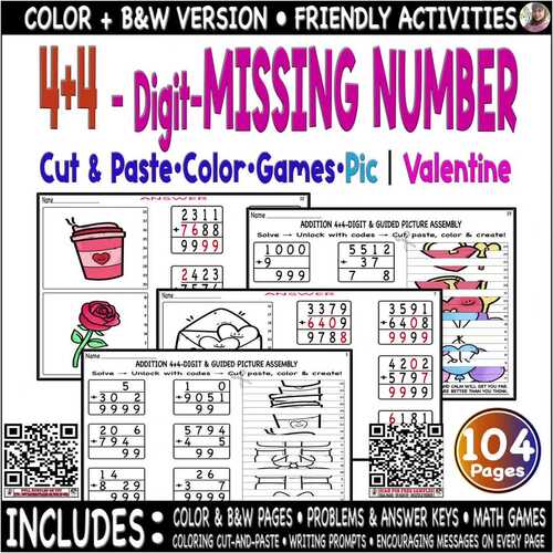 Valentine | Addition 4 Digit With regrouping Missing number, coloring ...