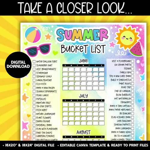 Summer Bucket List Poster 2026, Editable Kids Summer Countdown Calendar ...
