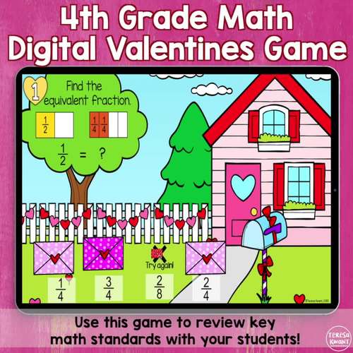 4th Grade Valentine's Day Digital Math Fractions Game | Distance Learning