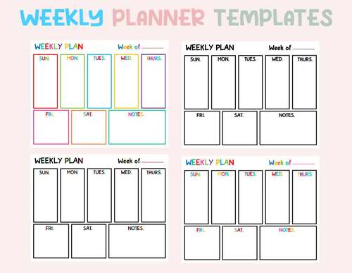 Printable Colorful Weekly Planner Templates for Teachers, Schedule Tracker
