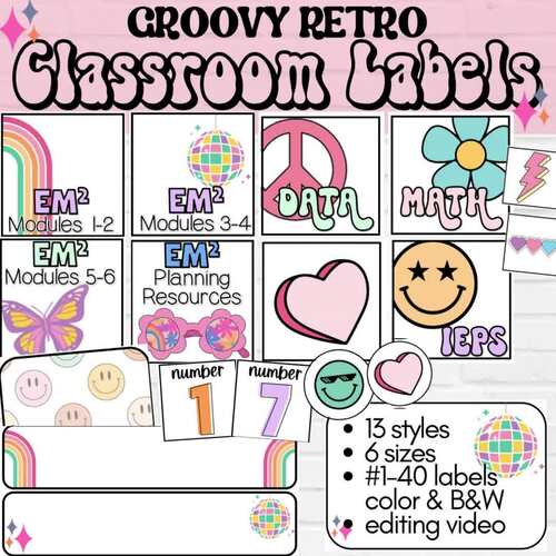 EDITABLE Classroom Labels- Retro Groovy Classroom Decor, Editable