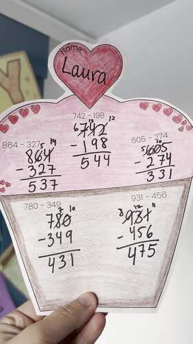 3rd Grade Cupcake Math Valentine's Day Craft Subtraction Valentine's ...