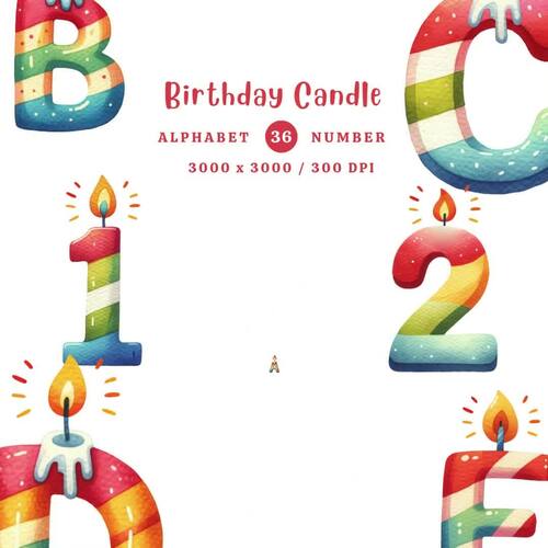 Birthday Candle Watercolor Alphabet Clipart by Adorable Clipart | TPT