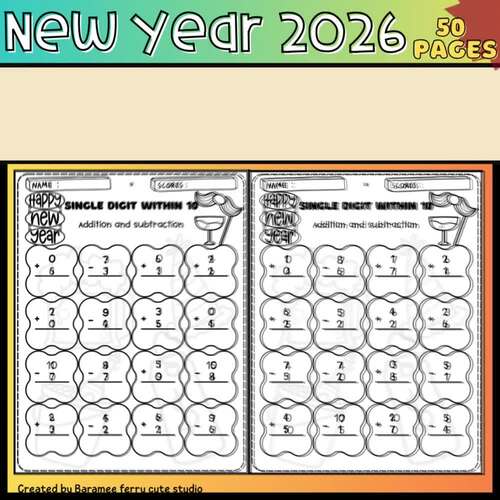 New Year Math Facts Fluency Addition and Subtraction Within 10 Single Digit
