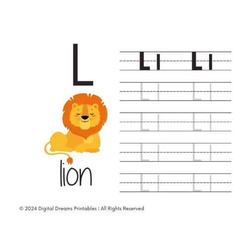 Tracing Alphabet Letters Practice L for Lion Booklet Uppercase + Lowercase
