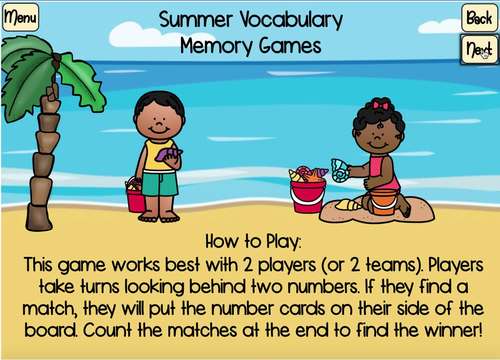 Summer Vocabulary Memory Games Boom Cards™ Speech Language Therapy Activity