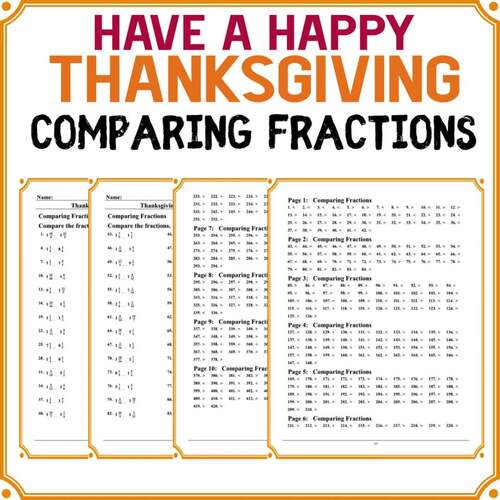 4th, 5th Grades Thanksgiving Math Comparing Fractions Worksheets No Prep