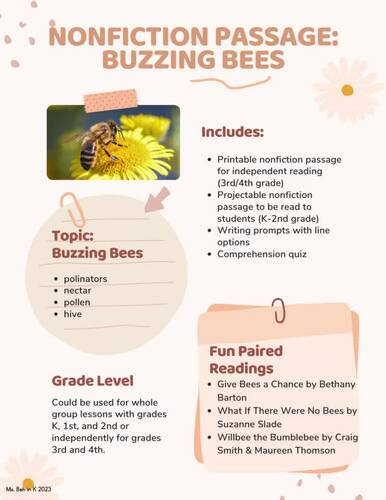 Buzzing Bees (Nonfiction Passage, Writing Prompts, & Comprehension Check)