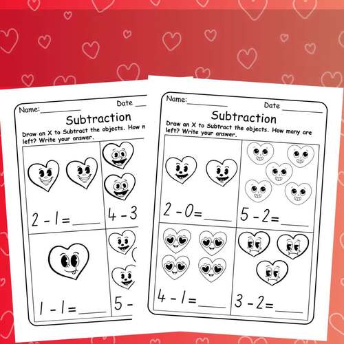 Valentines Day Math Worksheets: Easy Subtraction Practice within 5 for ...