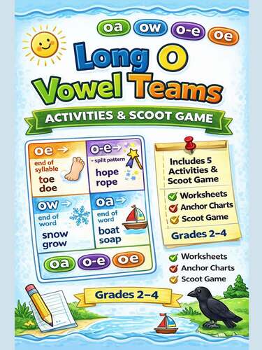 Long O Vowel Teams Activities & Scoot Game | oa, ow, o-e, oe | Phonics Unit