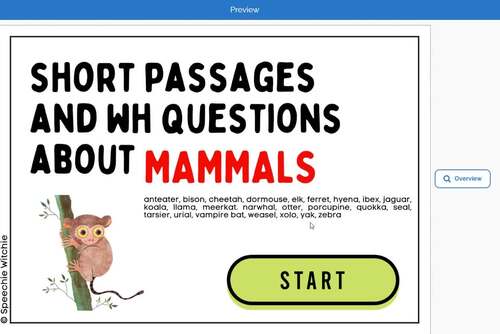 Mammals Animals Reading Comprehension Short Passages WH Questions ...