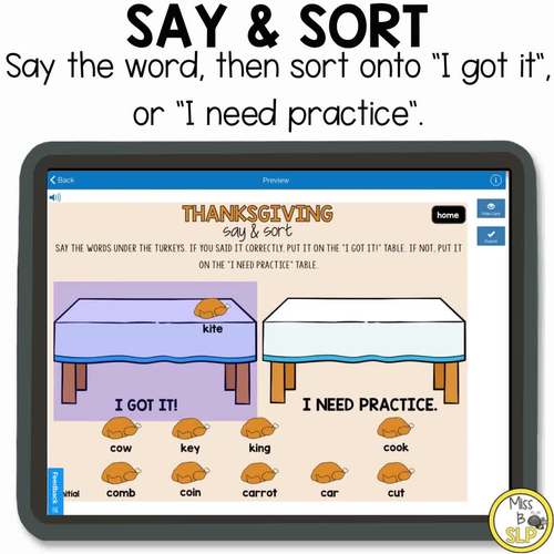 Thanksgiving Articulation Say & Sort - Digital Speech Progress Monitoring