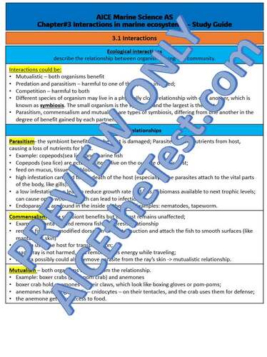 AICE Marine Science AS Chapter#3 Interactions Study Guide/Outline