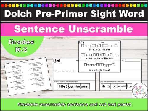 Sight Word Mixed Up Sentence Unscramble Dolch Pre-Primer Sentence Word ...