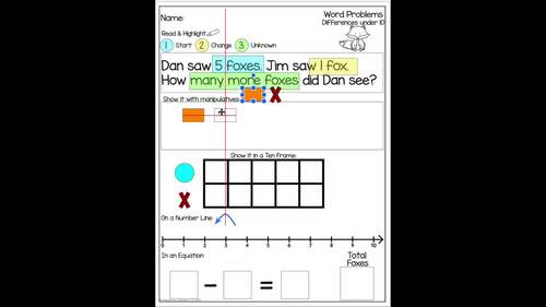 Beginning Word Problems Digital Worksheets Subtraction to 10 for Google ...