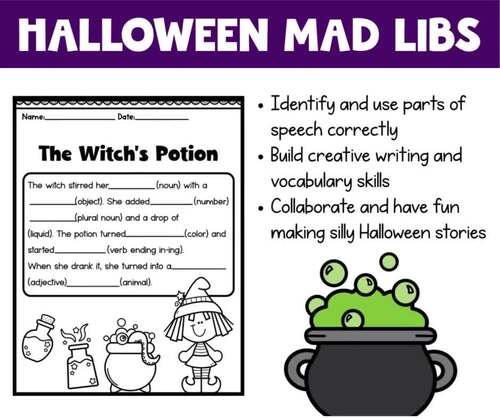Halloween Mad Libs | Halloween Nouns Verbs & Adjectives | TPT