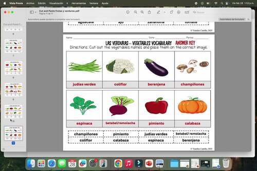 Fruits and vegetables in SPANISH- Cut and Paste-printable & digital version