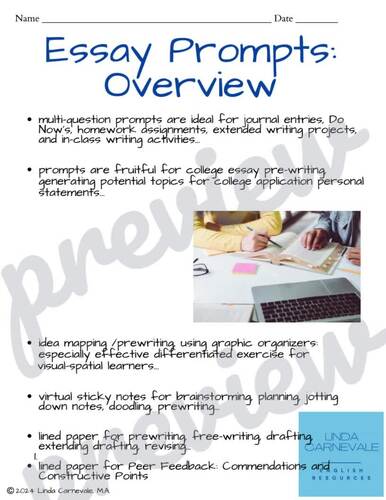 Personal Essay Writing Prompts-High School Grades 9-12th: College Prep ...
