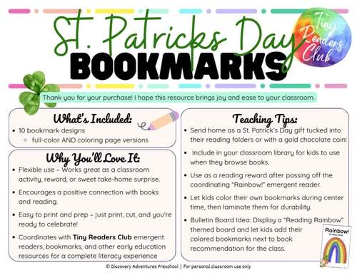 St. Patrick’s Day Rainbow Bookmarks | Printable Reading Rewards | TPT