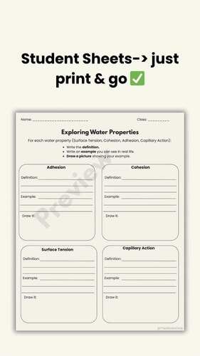 Water Properties Posters & Student Worksheets | 8th Grade Science