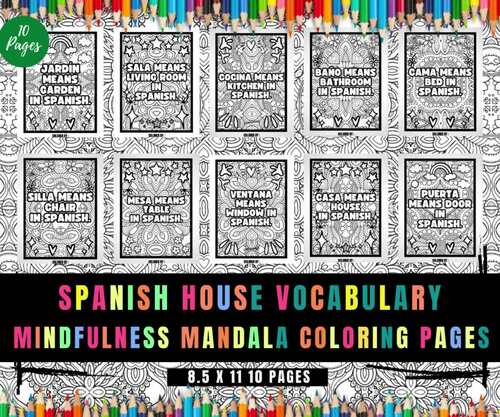 Spanish House Vocabulary Mindfulness Relaxing Coloring Sheets, No Prep