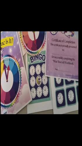 UNICORN TELLING TIME Workbook Plus Games Clock Certificate & Puzzles K-2