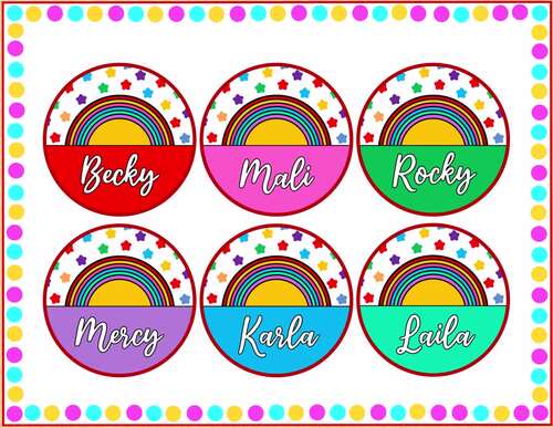 Round Boho Rainbow Student Name Labels,KG Calm Colors Rainbow Name Plates