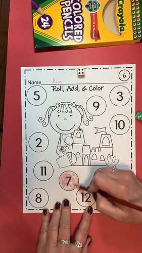 Addition Math Fact Practice Grades K-2/Math Games/Summer Fun Roll Add Color