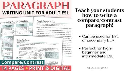 Adult ESL Paragraph Writing Unit with Worksheets & Rubric - Compare and ...