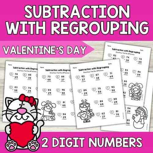 Valentine's Day Double Digit Subtraction with Regrouping 2 Digit within 99