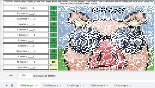 Pixel Art Math Google Sheets | Counting Coins | Editable | 5 Images